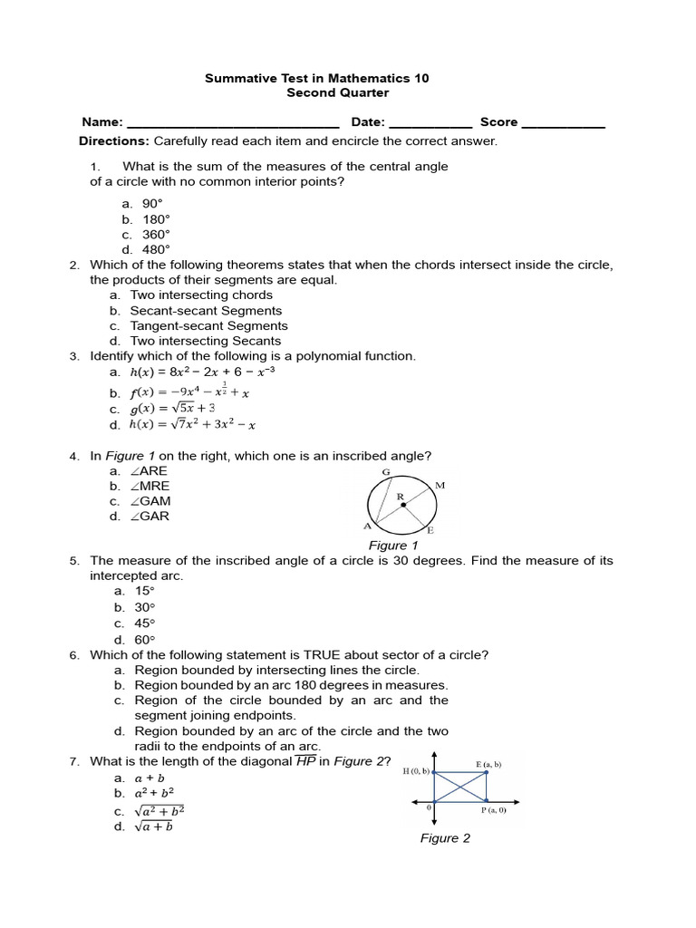 Summative Test in Mathematics 10 | PDF | Circle | Angle