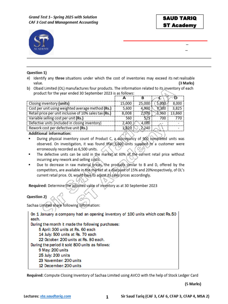CAF 3 CMA Grand Test 1 With Solution S24 ST Academy | PDF