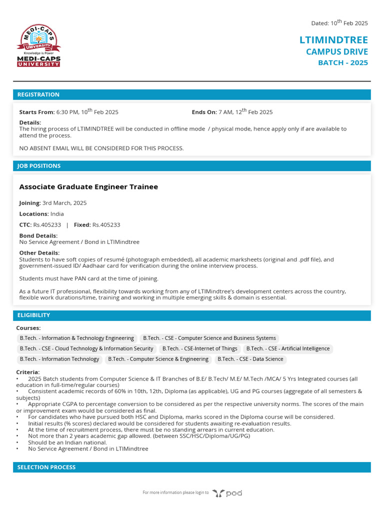 LTIMindtree Campus Drive 2025 Details | PDF | Recruitment