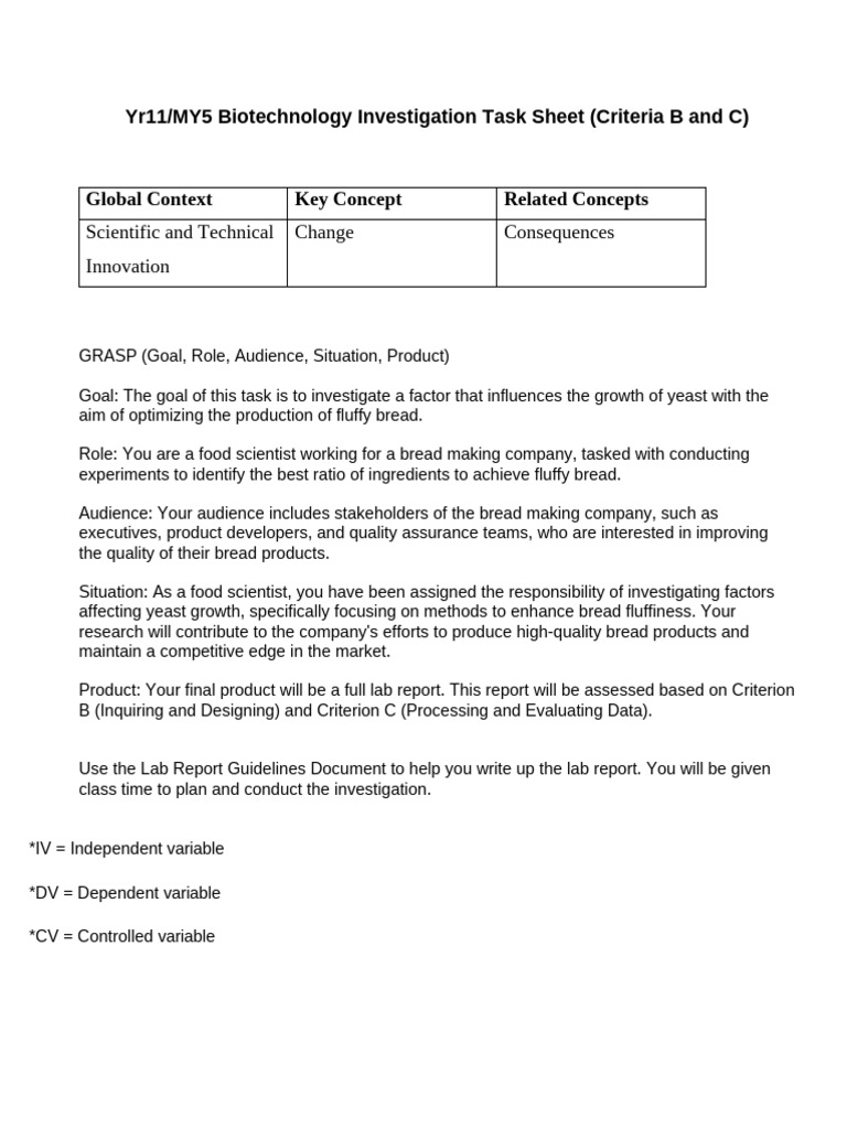 Biotechnology Task Sheet MYP 5 Assessment Criterion B and C 2 | PDF ...