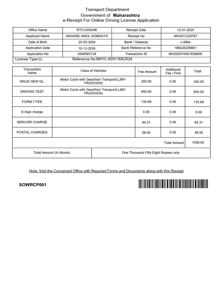 Driving Licence Fees Breakdown - Nashik | PDF