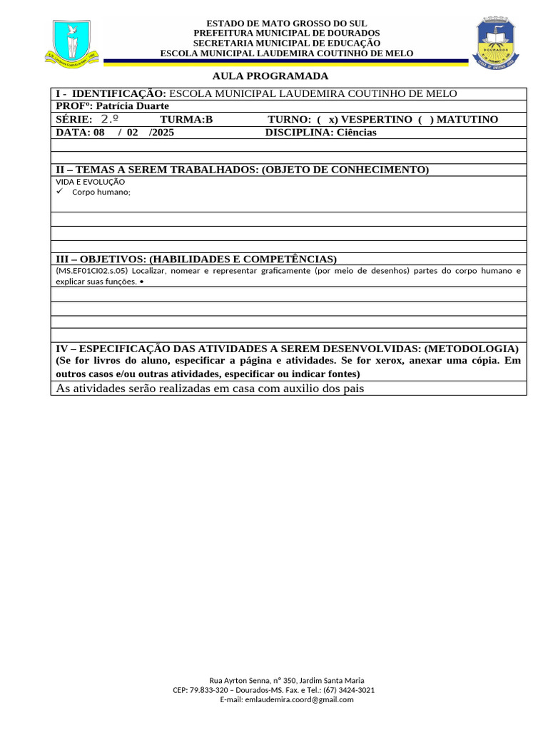 Arquivo Modelo Aula Programada 2025 (2) Ciencias | PDF