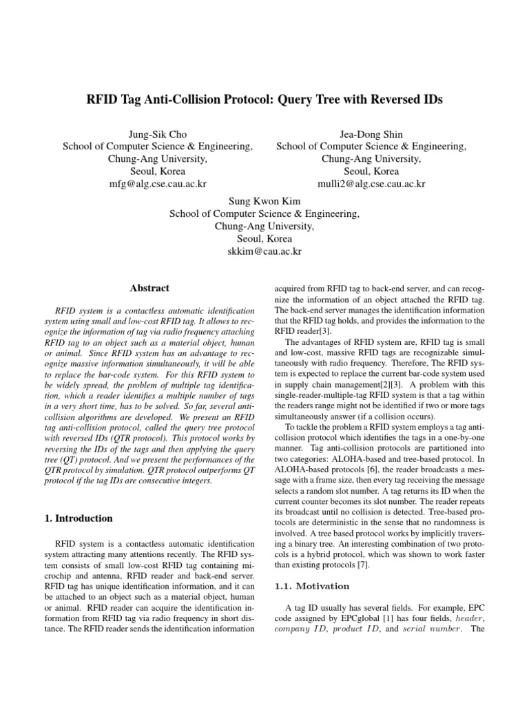 Rfid Tag Anti Collision Protocol Query Tree With Reversed Ids Download Free Pdf Radio 