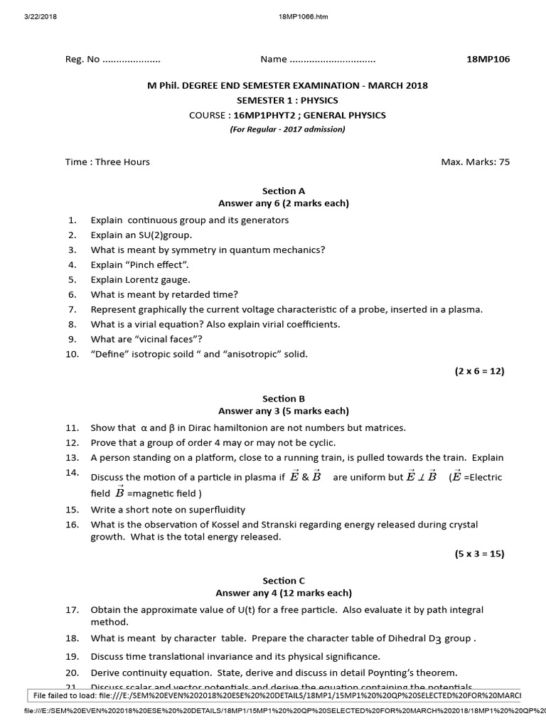 Physics Exam for MPhil Students | PDF | Quantum Field Theory | Applied ...