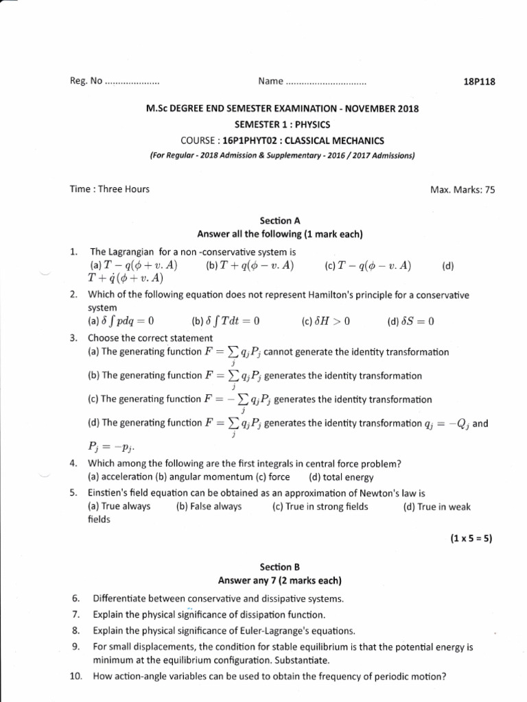 M.Sc Physics 1st Semester Exam Paper | PDF | Oscillation | Force