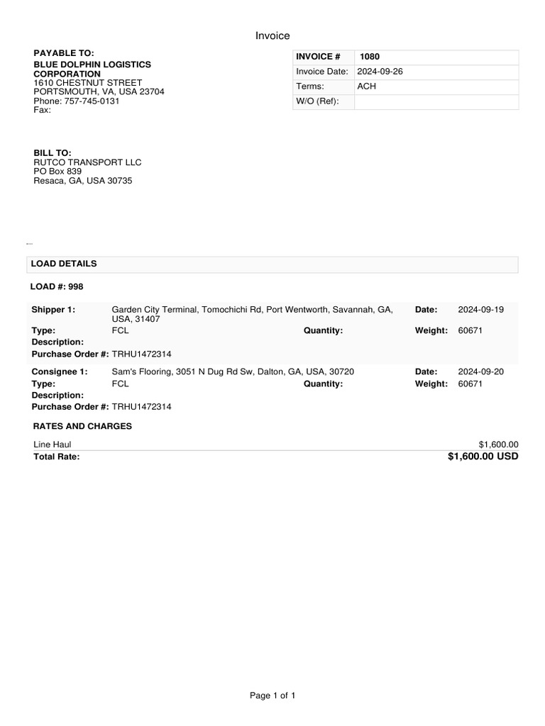 Invoice #1080 for Rutco Transport LLC | PDF