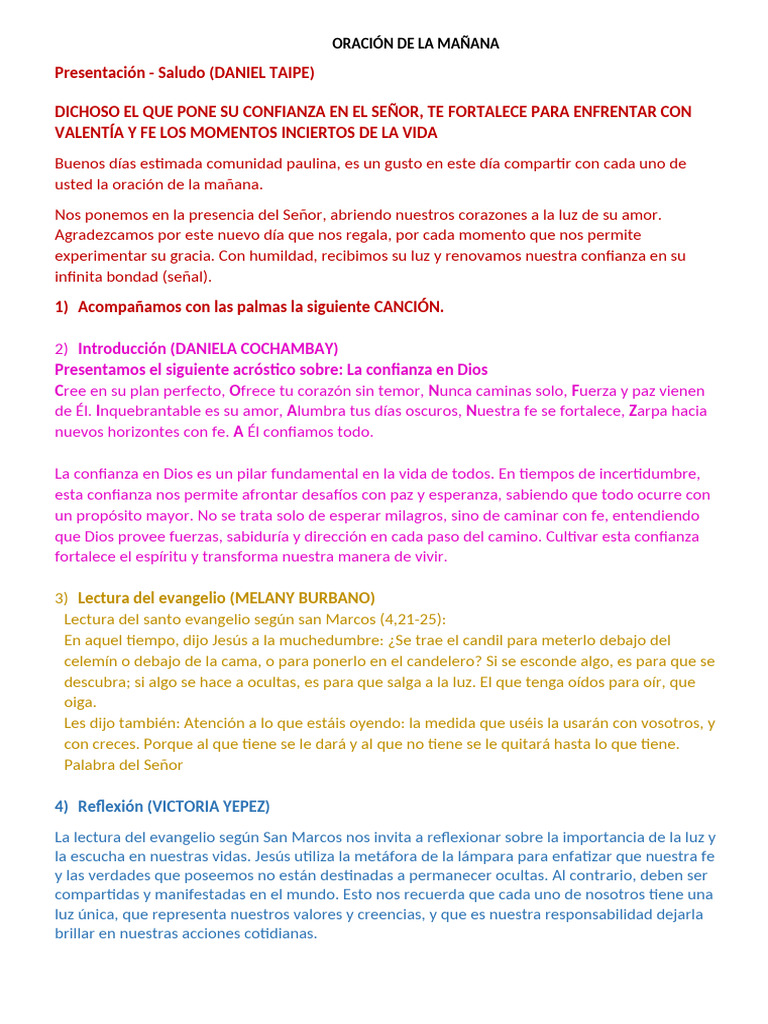 Confianza y Fe en la Oración Matutina | PDF | Oración | orador del Señor