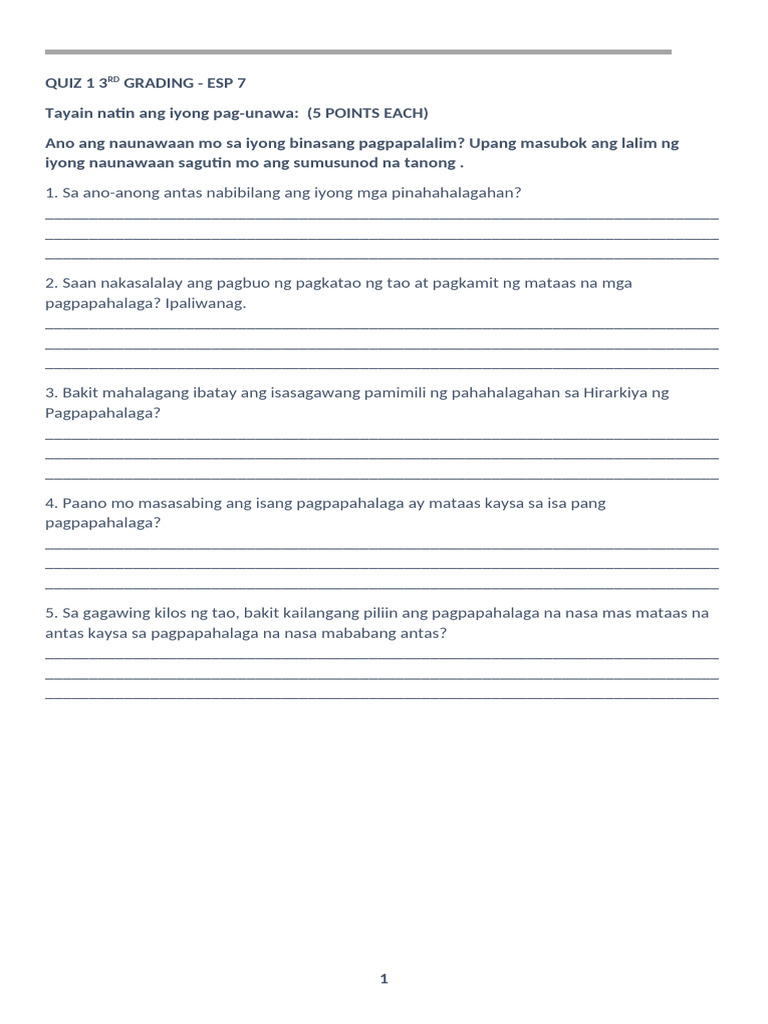 Quiz 1 3RD Grading Esp 7 | PDF