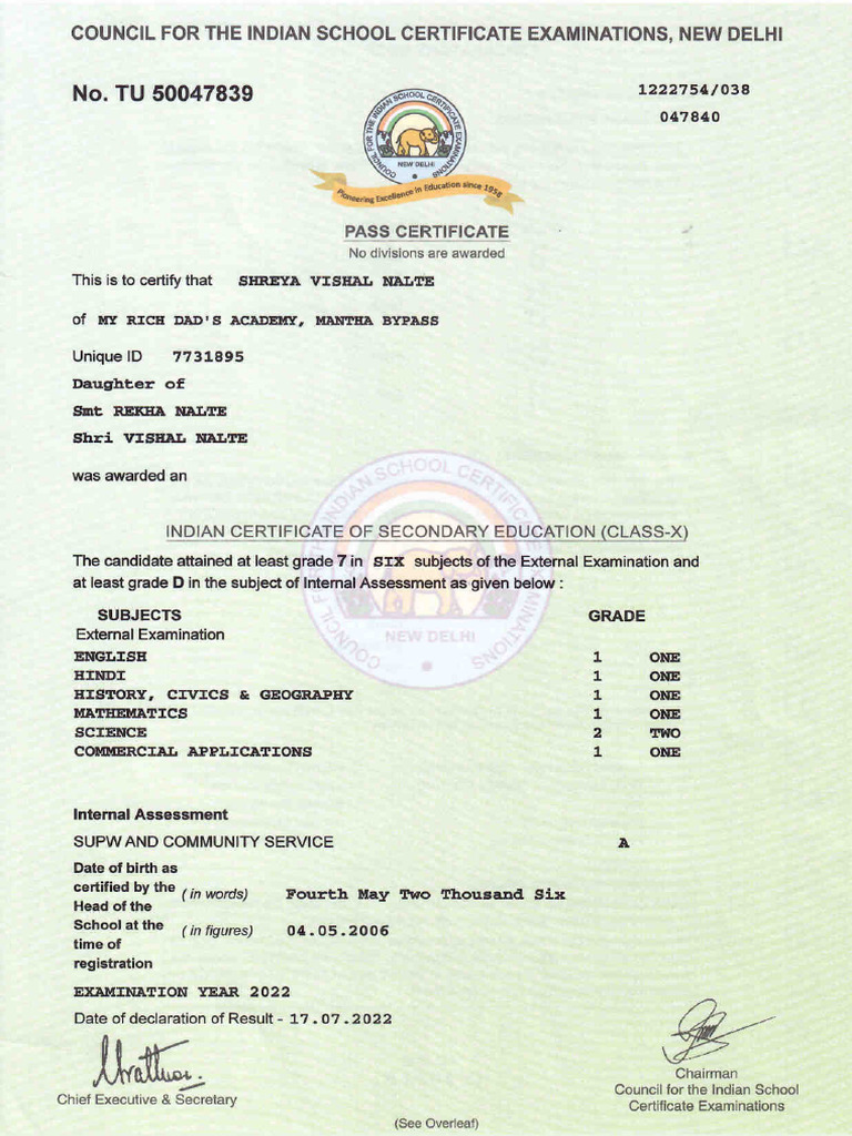 SSC Pass Certificate Shreya Vishal Nalte | PDF