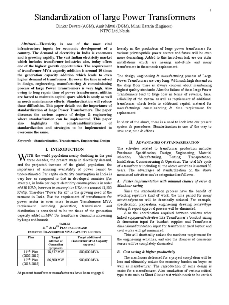CBIP Paper-Transformer Standardization - NTPC | PDF | Standardization | Transformer