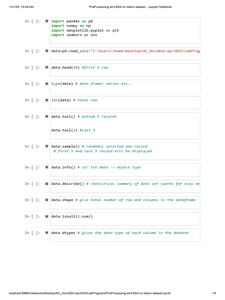 Lab2-PreProcessing and EDA On Titanic Dataset - Jupyter Notebook | PDF | Mean | Statistics