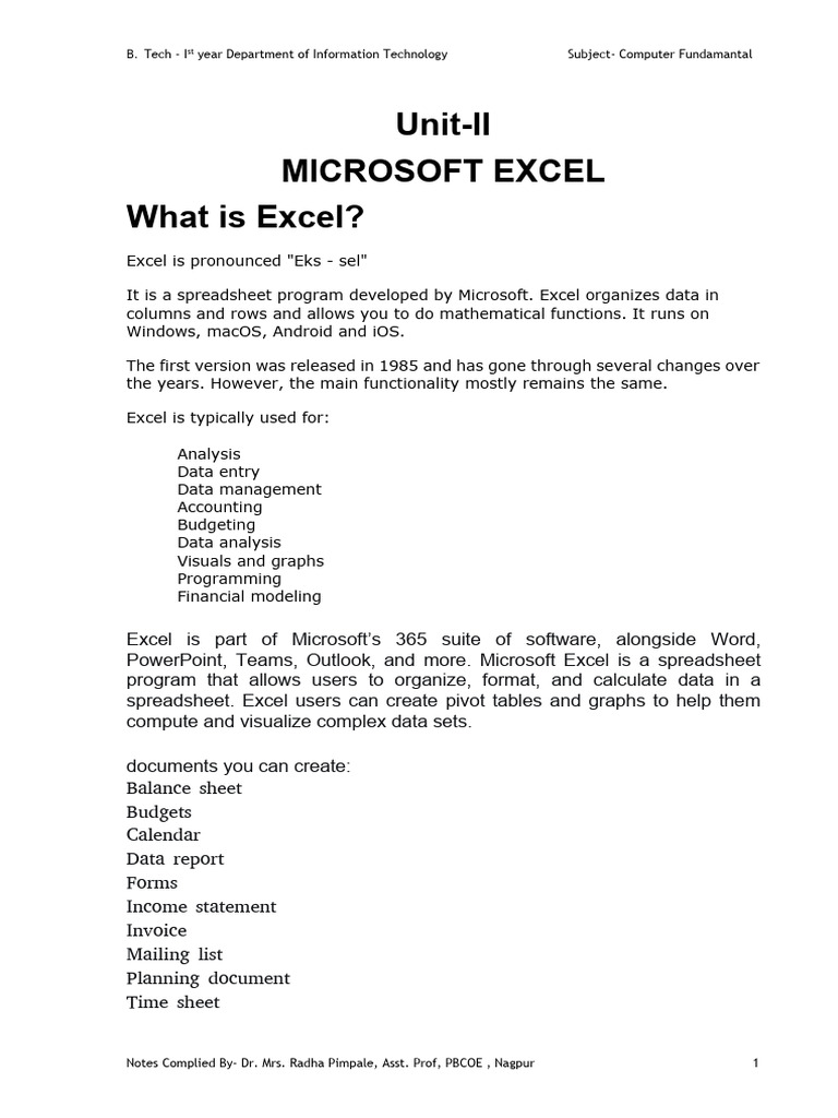 Unit II | PDF | Microsoft Excel | Spreadsheet