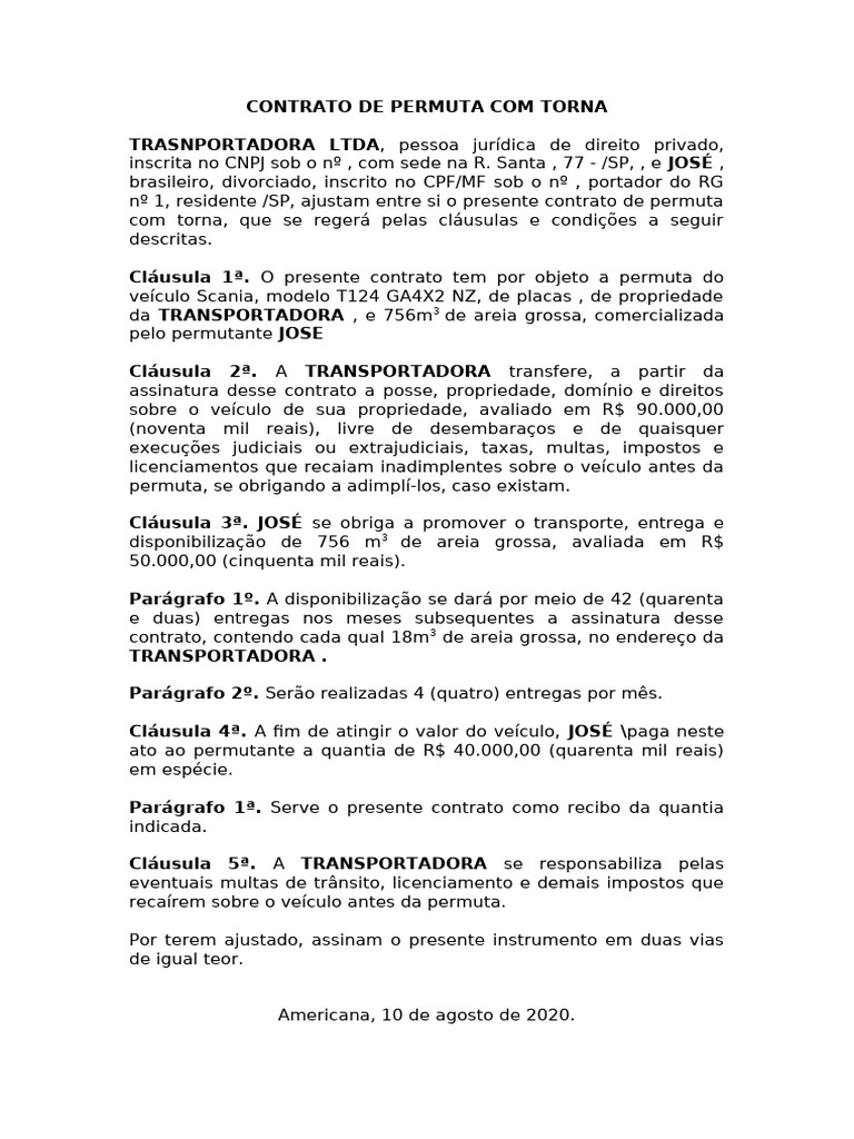 Permuta de Veículo por Areia com Torna | PDF