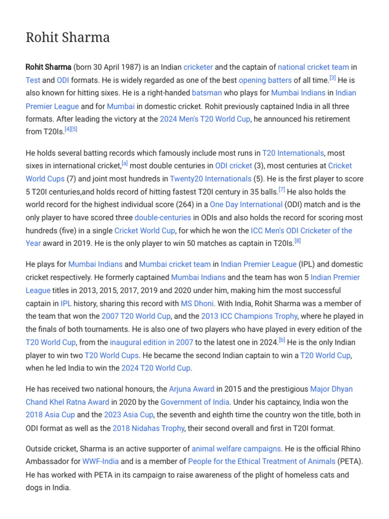 Rohit Sharma - Wikipedia | PDF | Cricket | Cricket Competitions