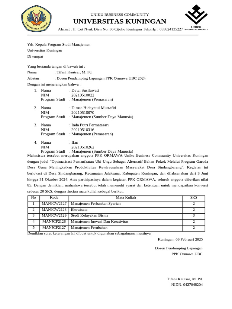 SURAT KETERANGAN KONVERSI PPK ORMAWA UBC 2024 Sem.7 | PDF