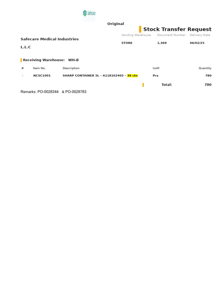 Stock Transfer Request: SHARP CONTAINER 5L | PDF