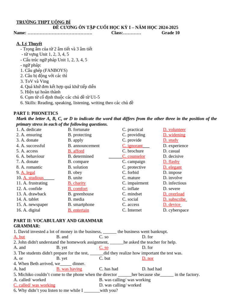 Đề Cương Anh 10 Hki Đáp Án | PDF | Volunteering | Deafness