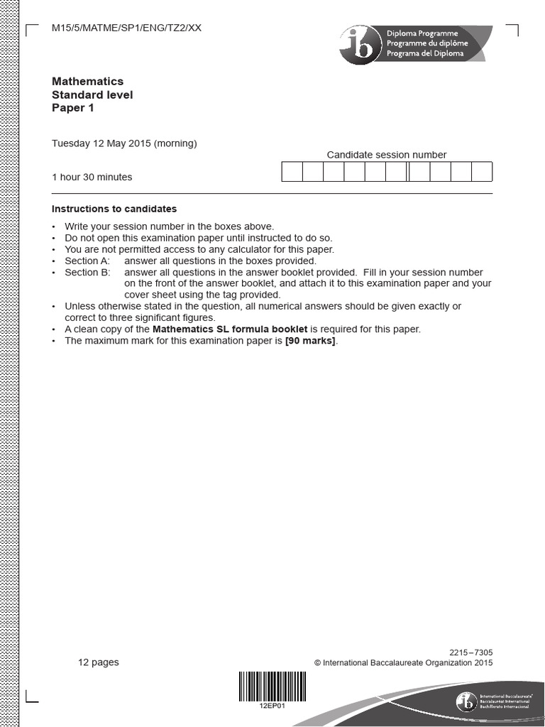 IB Mathematics SL Paper 1 Exam 2015 | PDF
