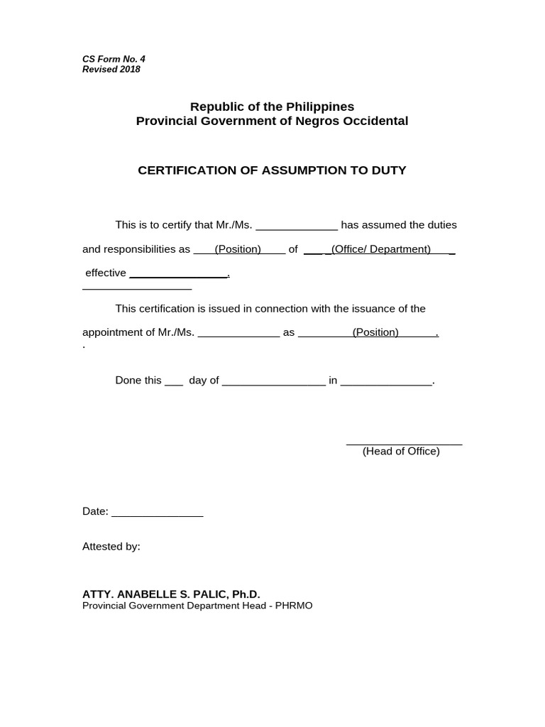 Certification of Assumption To Duty CS Form No. 4 | PDF