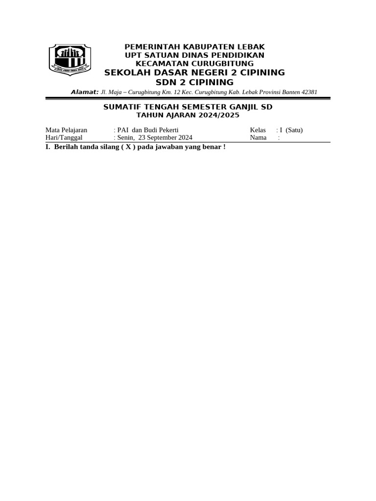 Soal Sts Pai Kls 1 Ganjil 2024 | PDF