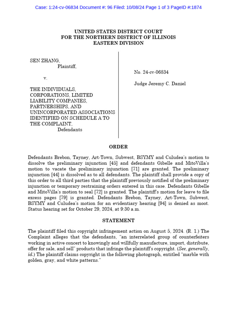 Zhang v. Schedule A (1:24-cv-06834) - Order Dissolving Preliminary Injunction | PDF | Injunction ...