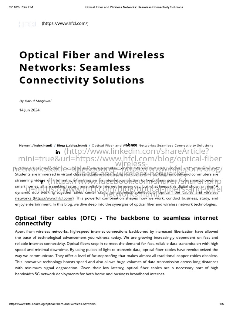 Optical Fiber and Wireless Networks - Seamless Connectivity Solutions ...