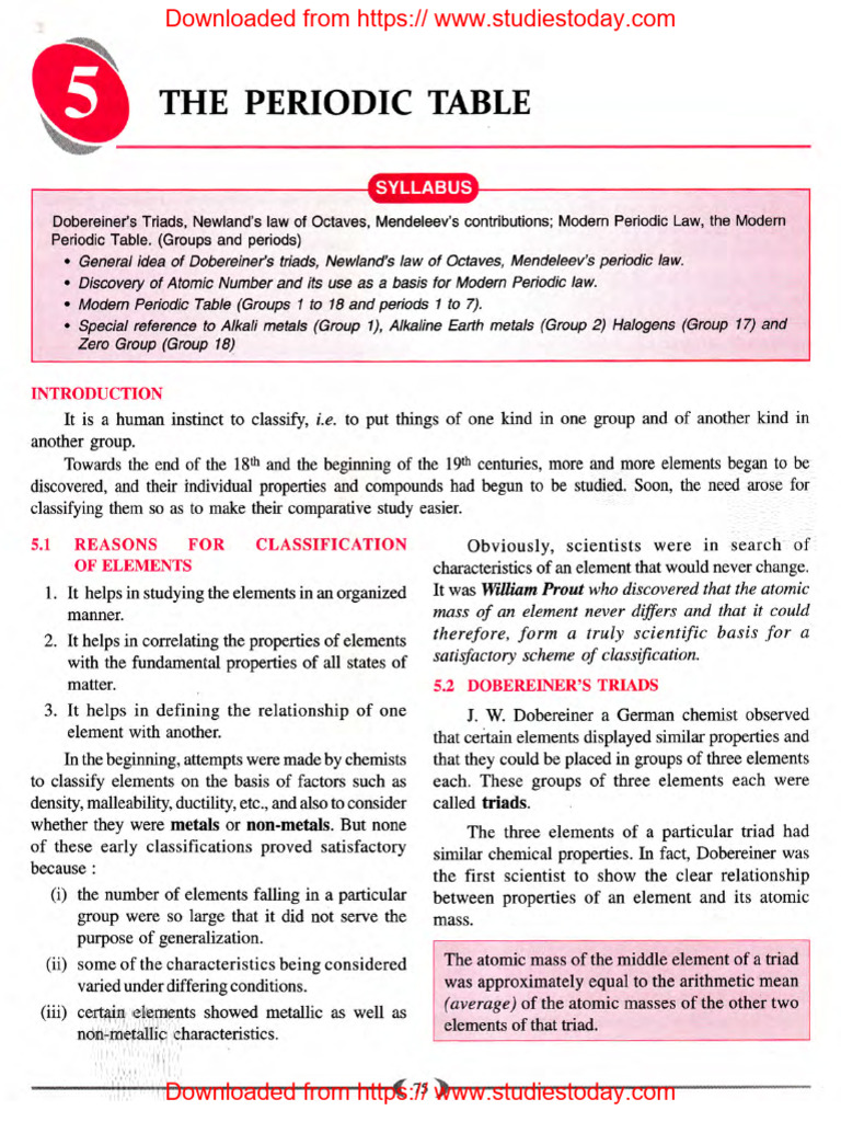 ICSE Class 9 Chemistry Chapter 05 The Periodic Table | PDF