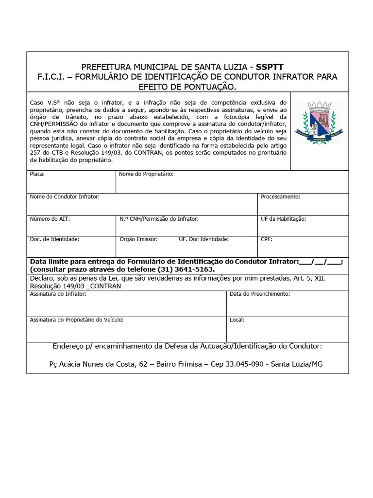 Formulário FICI para Identificação Infrator | PDF