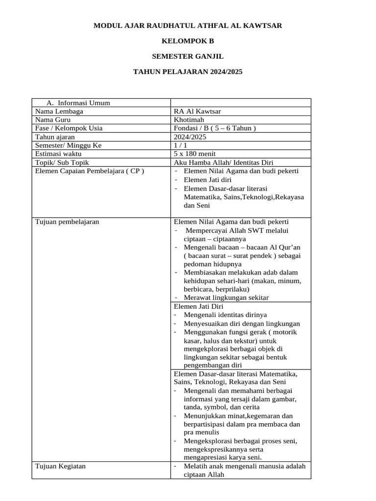 modul ajar dan rpph kelas B MINGGU KE1 | PDF