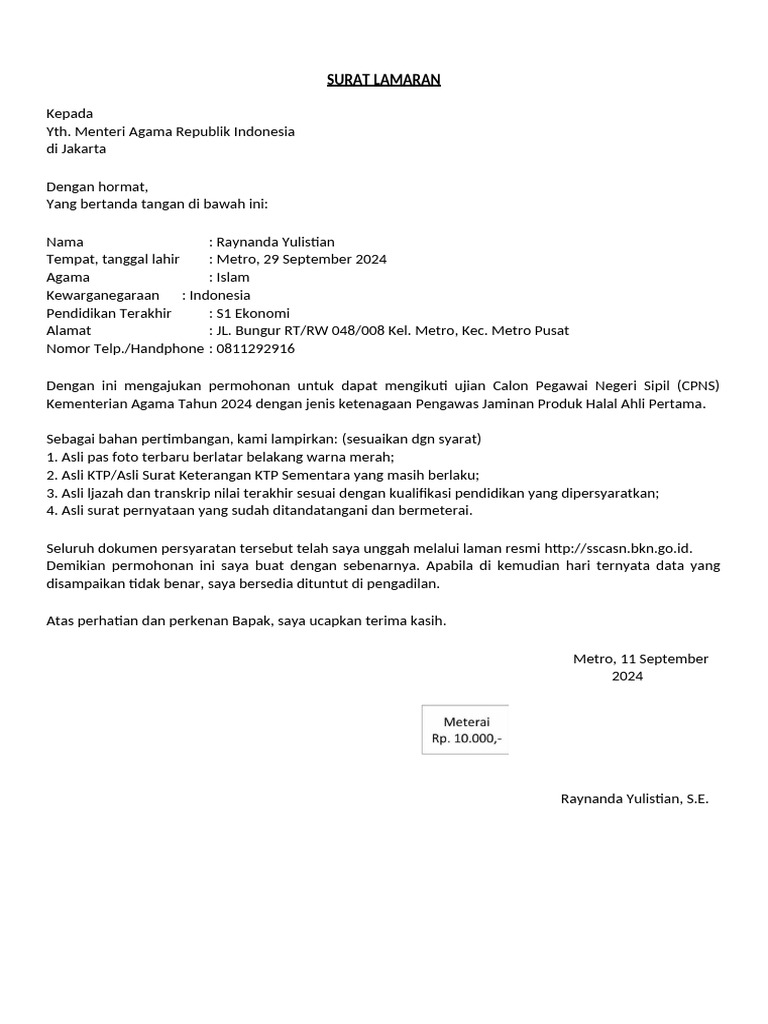 Surat Lamaran CPNS Kementerian Agama 2024 | PDF