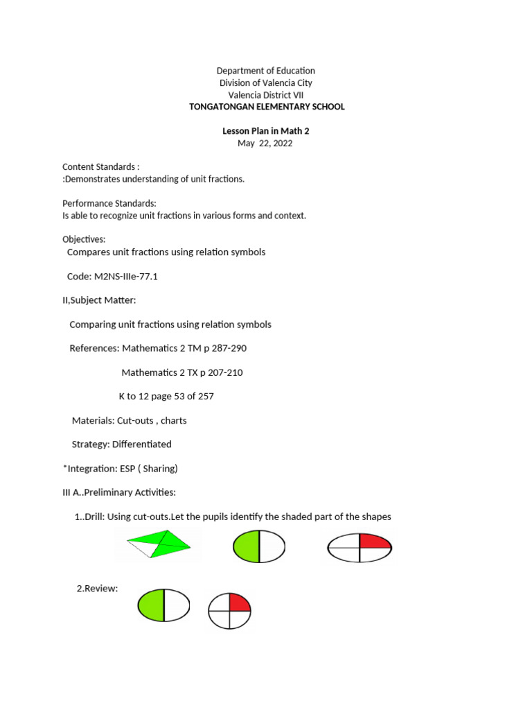 Math 2 Lesson Plan: Unit Fractions | PDF