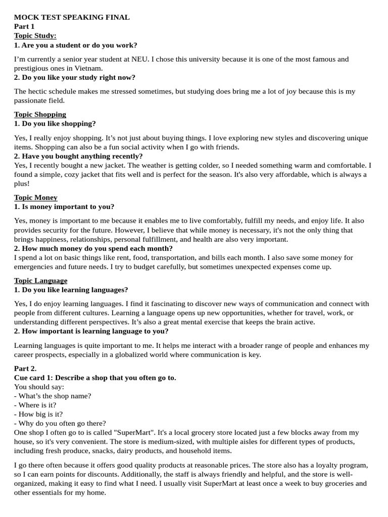 Mock Speaking Test for Students | PDF | Grocery Store | Foreign Language