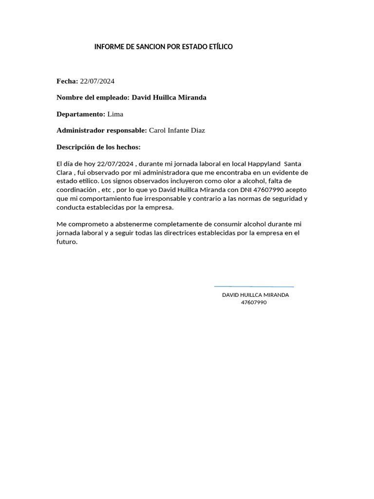 Informe de Sancion Por Estado Etílico | PDF