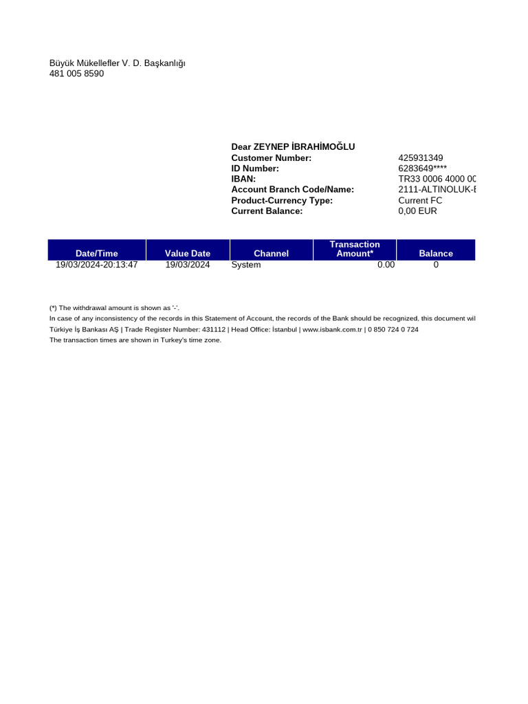 Zeynep İbrahimoglu Account Statement | PDF