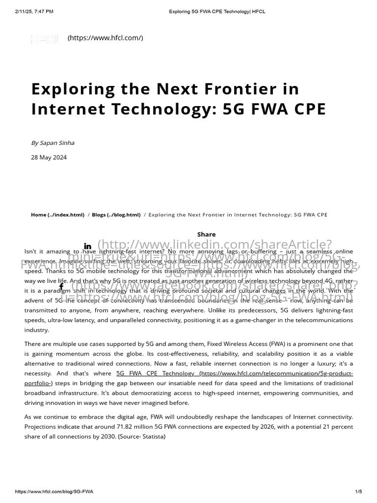 Exploring 5G FWA CPE Technology - HFCL | PDF | Internet Access | Wi Fi