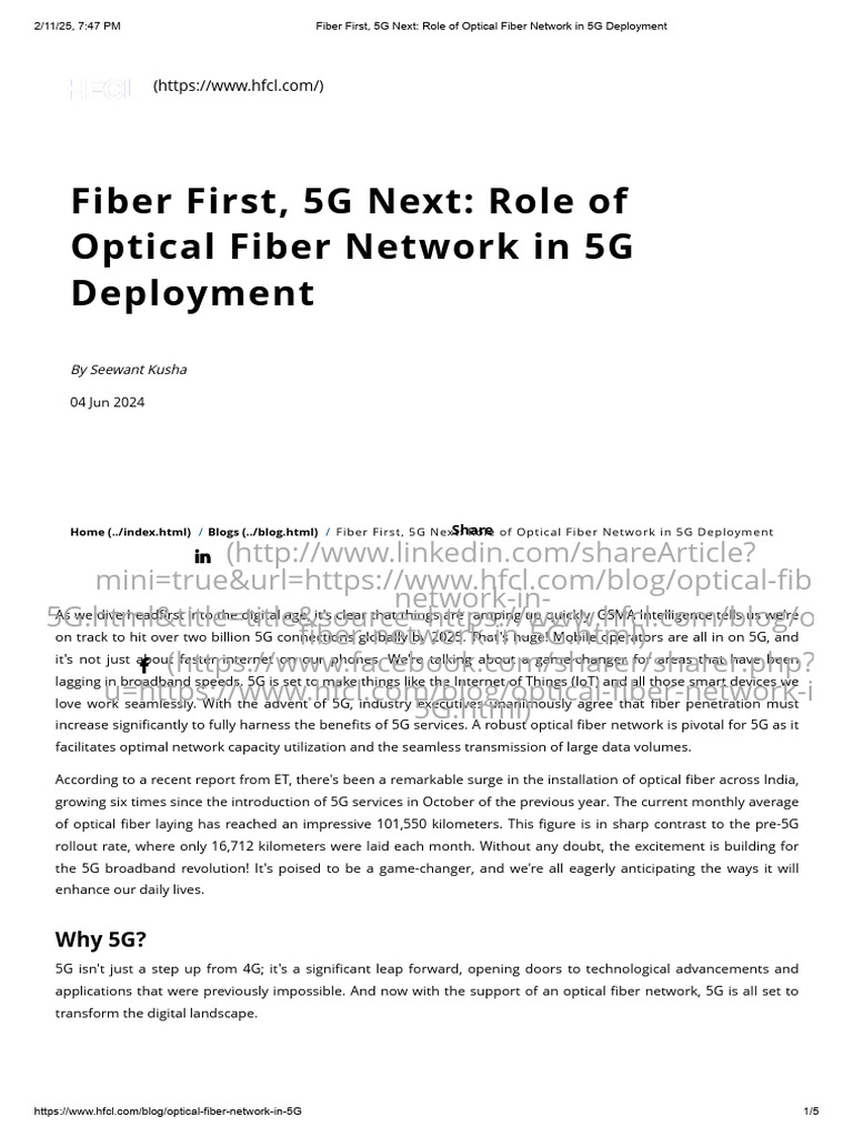 Fiber First, 5G Next - Role of Optical Fiber Network in 5G Deployment | PDF | Fiber Optic ...