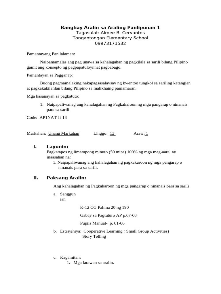 Mam Aimee Banghay Aralin Sa Araling Panlipunan WEEK 10 DAY 1-2-3 | PDF