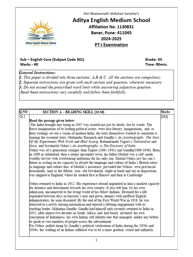 English Core Exam Instructions 2024-25 | PDF | Jawaharlal Nehru ...