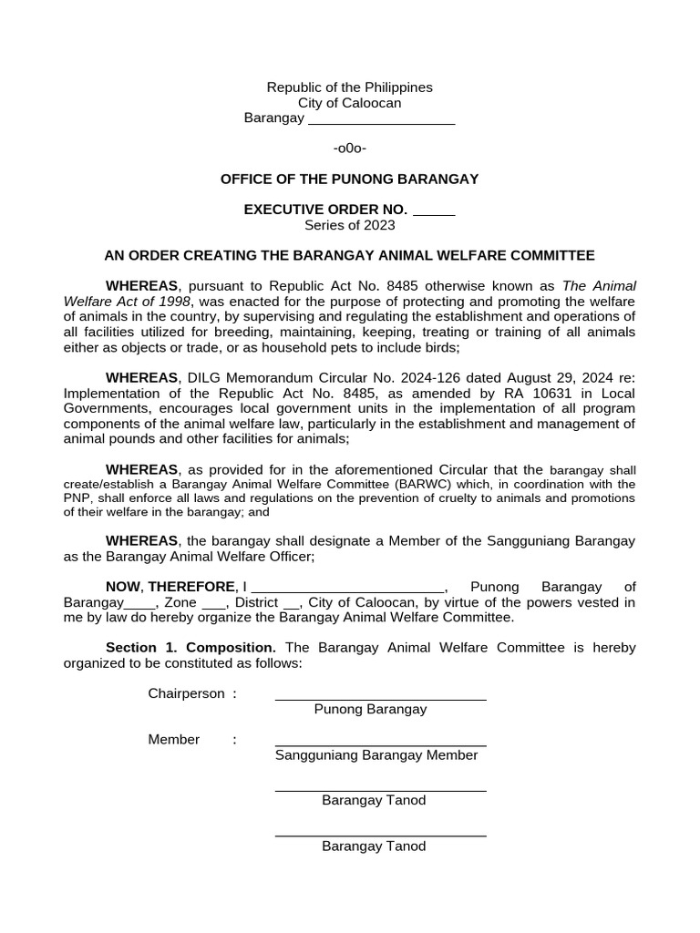EO Barangay Animal Welfare Committee | PDF | Animal Welfare | Committee