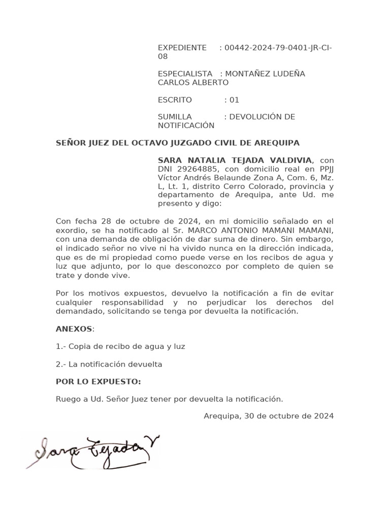 Escrito de Devolucion de | PDF