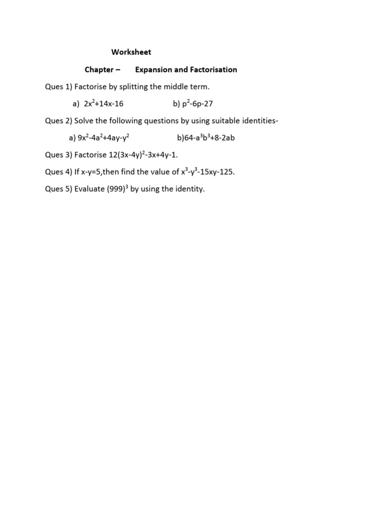 Factorisation and Expansion Worksheet | PDF