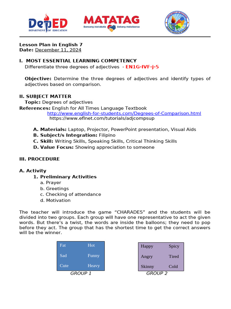 Degrees of Adjectives Lesson Plan 7 | PDF