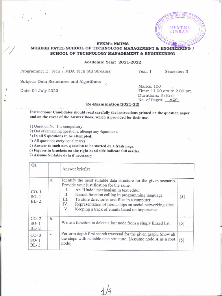 Data Structures and Algorithms Sem 2 Re-Exam 2021-2022 BJy1kpr96T | PDF