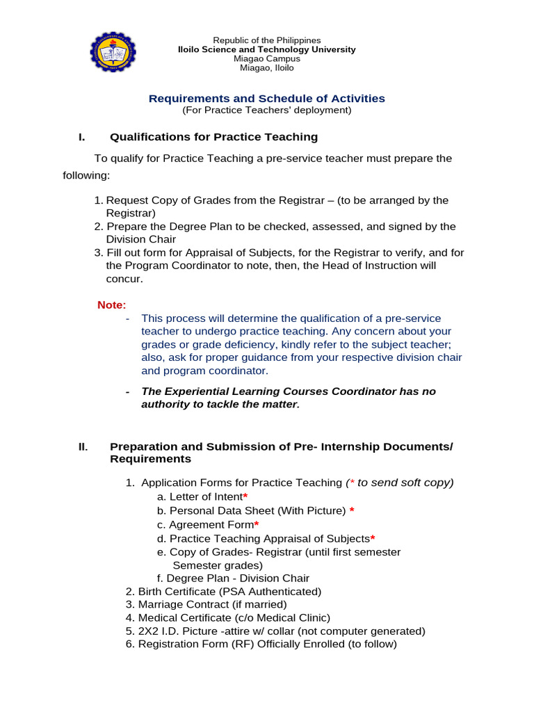Practice Teaching Requirements & Schedule | PDF | Teachers