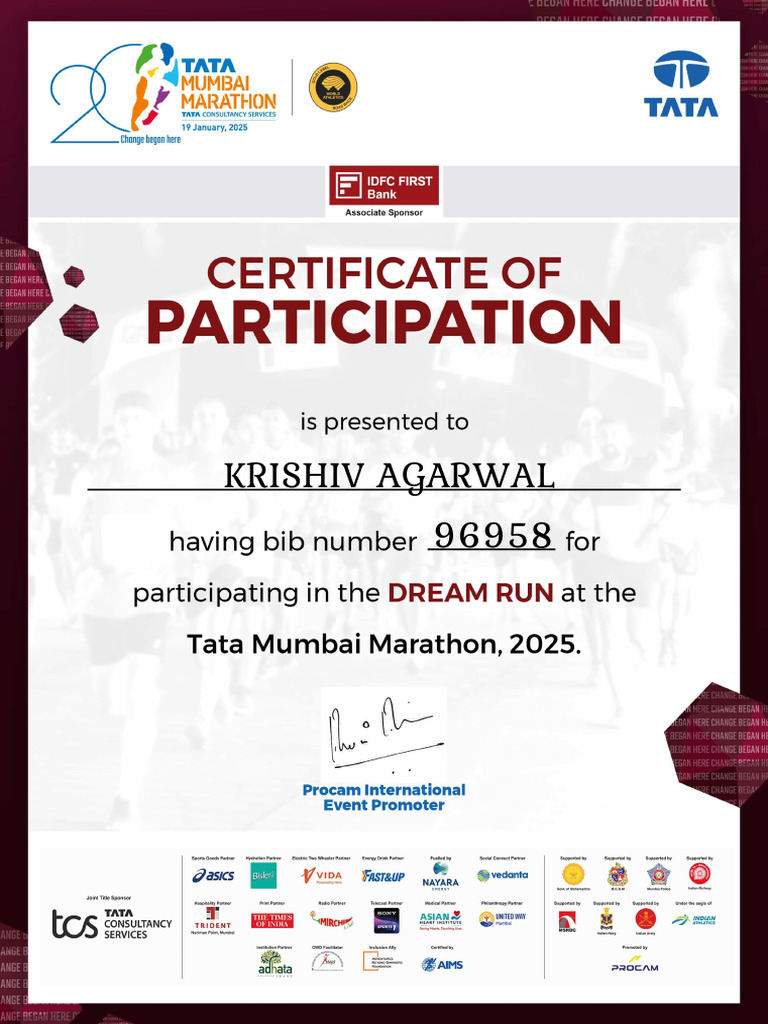 Tata Marathon Certificate: Krishiv Agarwal | PDF