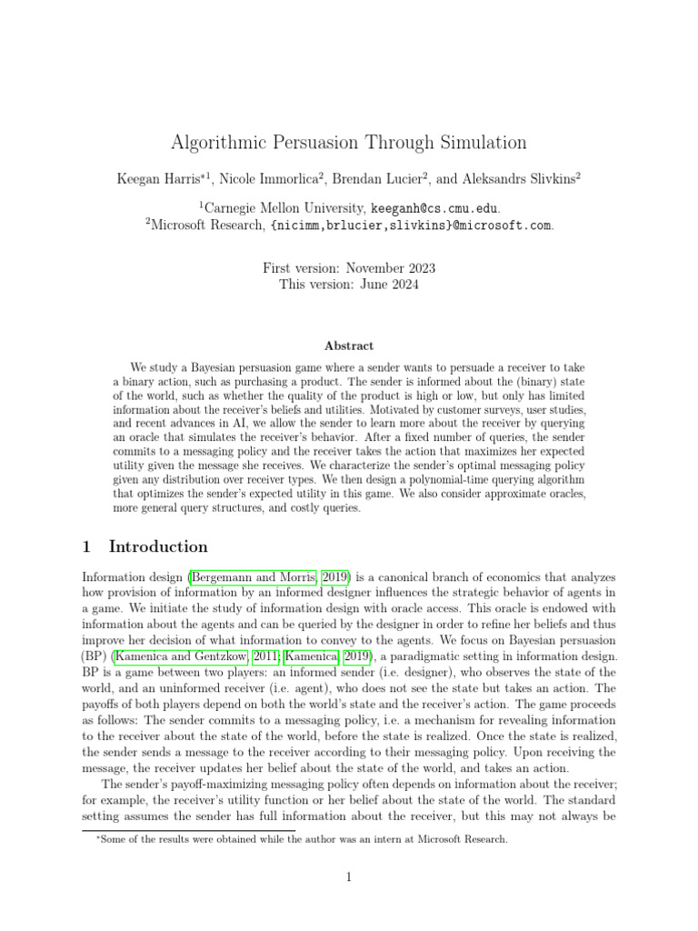 Algorithmic Persuasion Through Simulation | PDF | Sales | Information