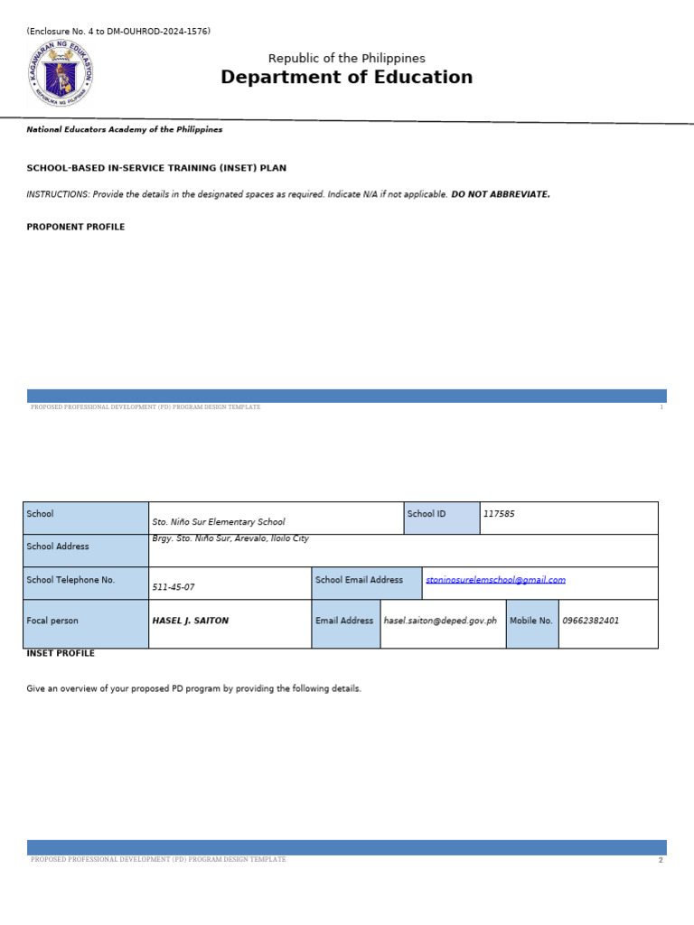 Love School-Based INSET Plan | PDF | Educational Assessment | Learning