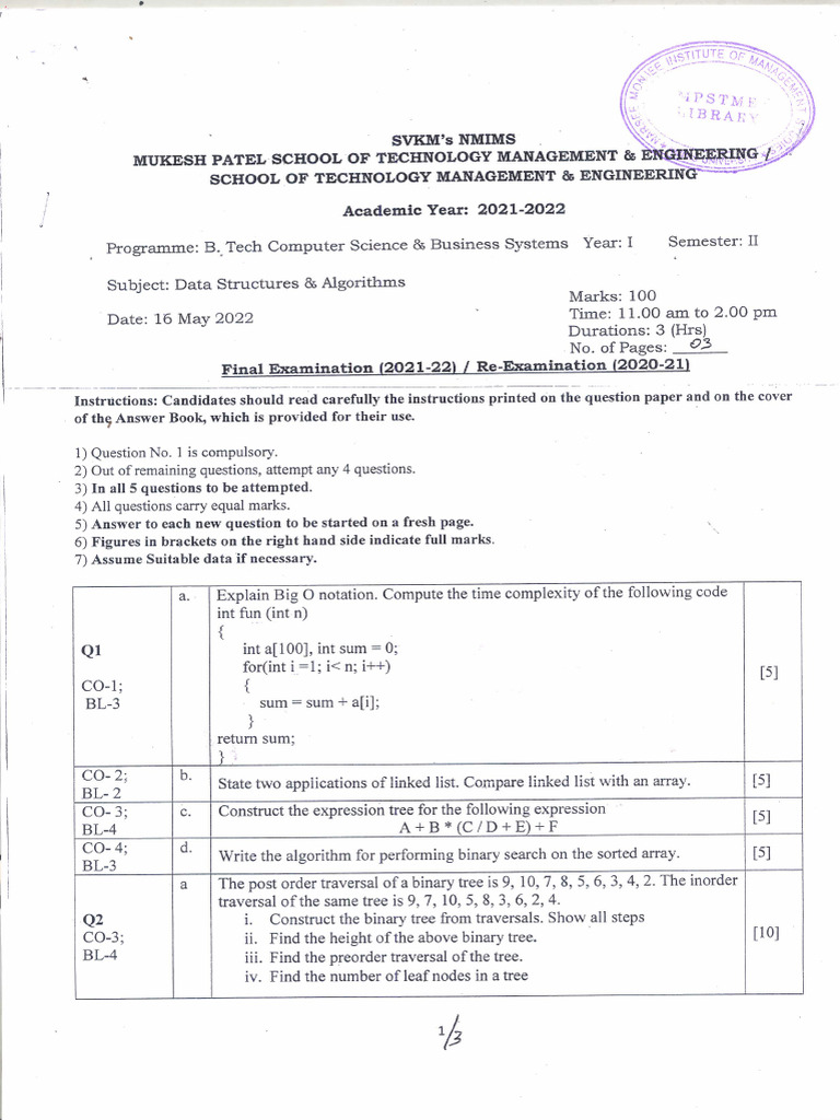 Data Structures and Algorithms Sem-II Final Exam 2021-22 and Re Exam Batch 2020-21 ZaiJ8g7szo | PDF