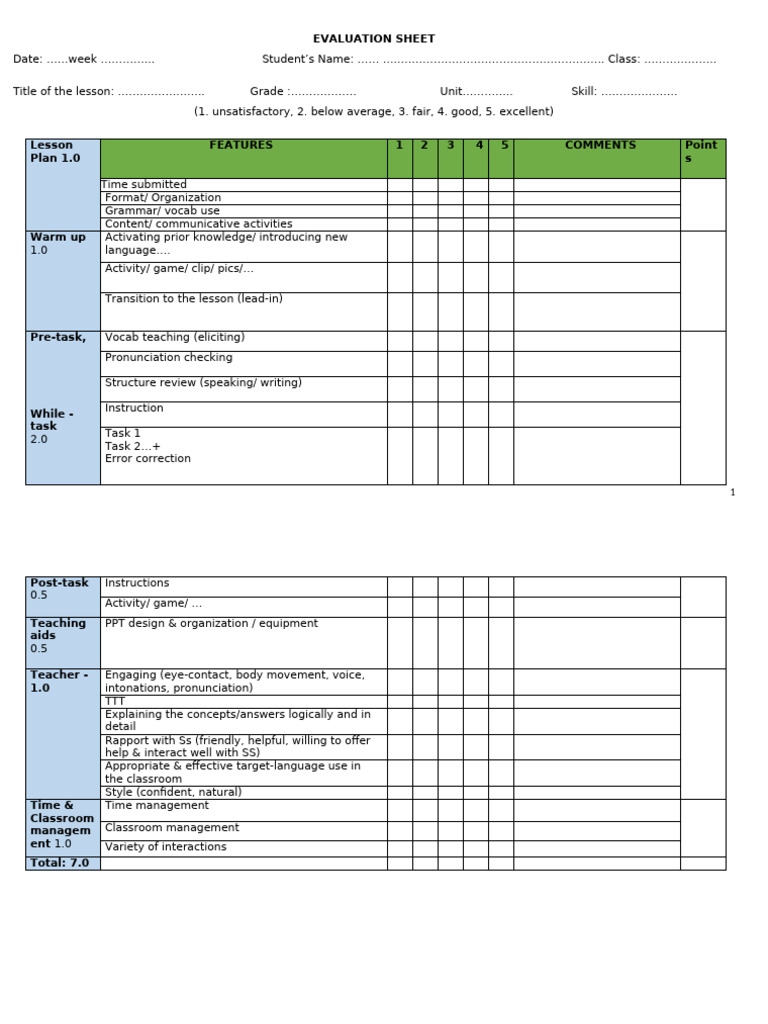 2022 Evaluation Sheet, Teaching Practice 2 | PDF