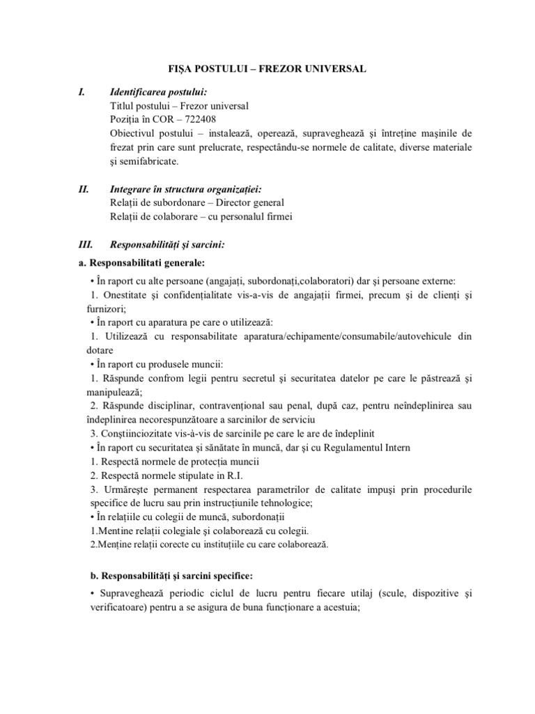 Fisa Post Frezor Universal | PDF